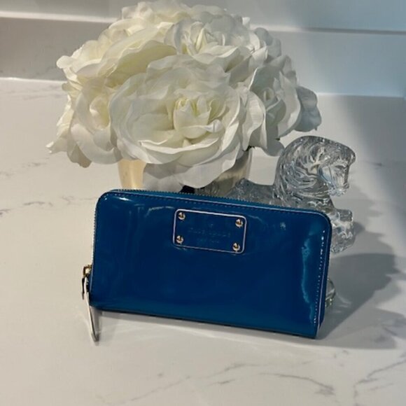 kate spade | Bags | Kate Spade New York Pasadena Neda Patent Leather Zip Around Wallet Blue ...